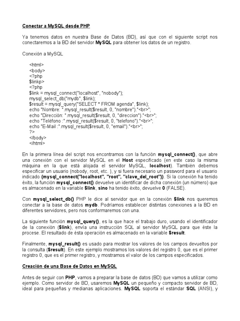 Cómo Conectarse A Una Base De Datos Mysql Desde Php Y Mostrar Los Datos De Una Consulta Pdf 