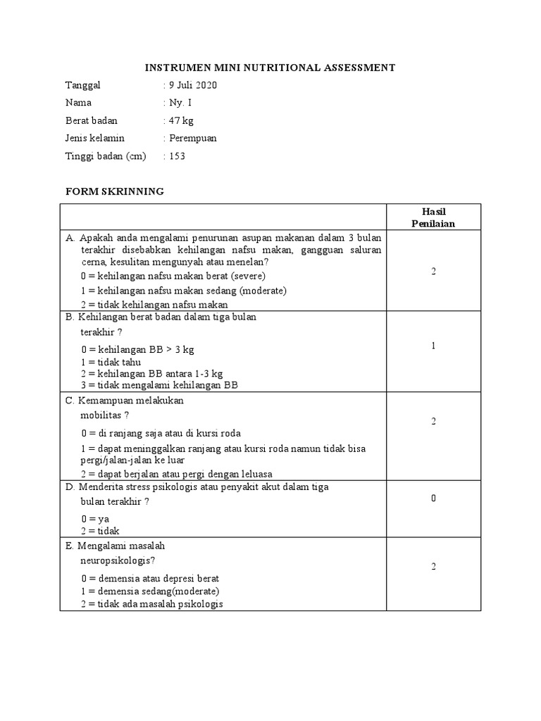 Pengkajian Mini Nutrition Assessment (MNA) | PDF
