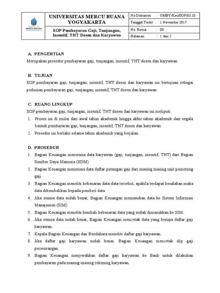 10.SOP Pembayaran Gaji Tunjangan Insentif THT Dosen Dan Karyawan | PDF | Pengelolaan Keuangan & Uang