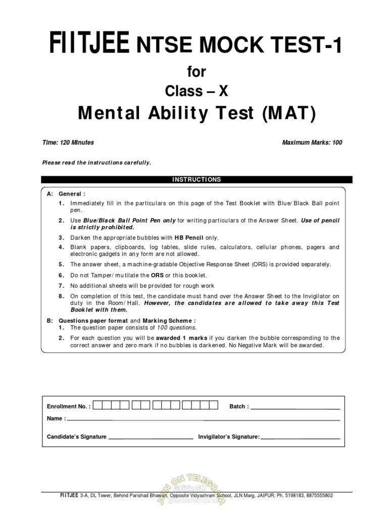 Fiitjee: Ntse Mock Test-1 | PDF | Nature