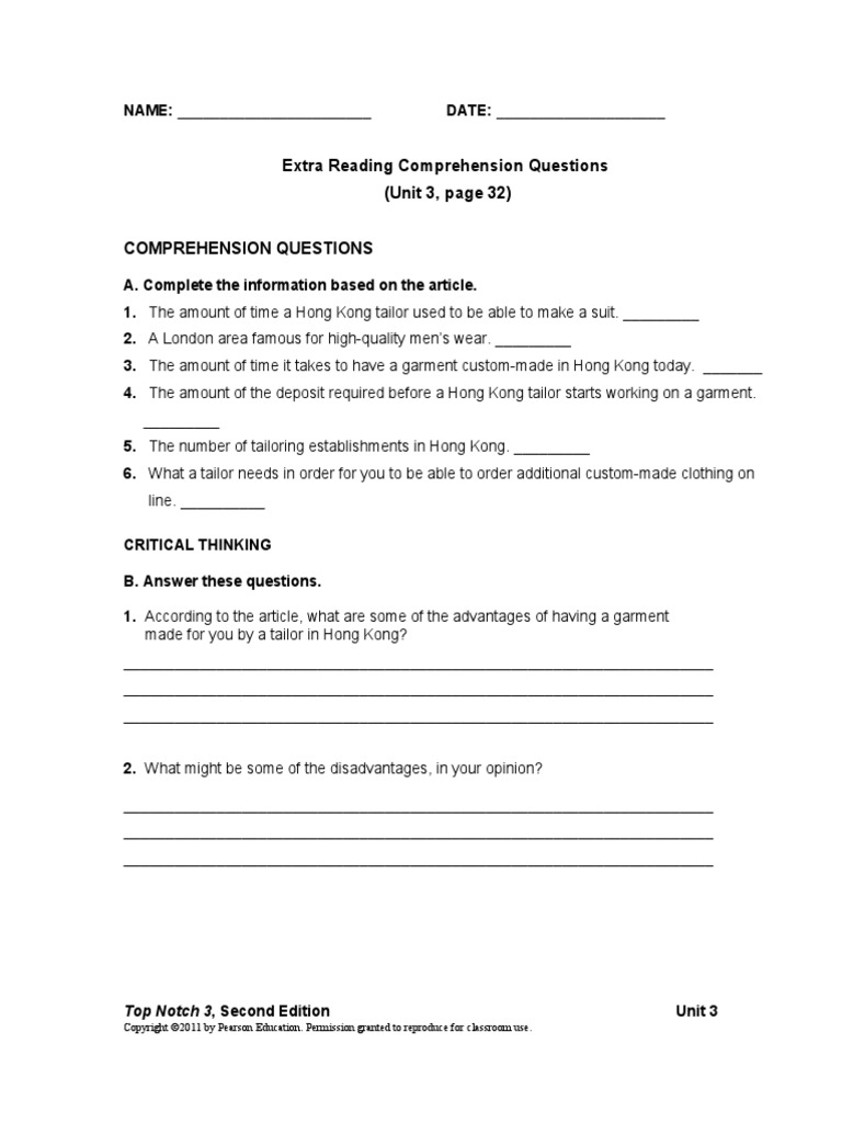 Extra Reading Comprehension Questions (Unit 3, Page 32) : Top Notch 3 | PDF