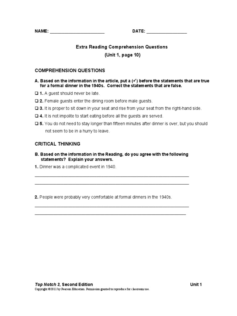 Extra Reading Comprehension Questions (Unit 1, Page 10) : Top Notch 3 | PDF