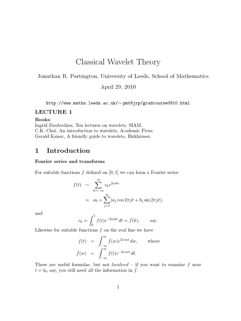 Classical Wavelet Theory: Jonathan R. Partington, University of Leeds ...