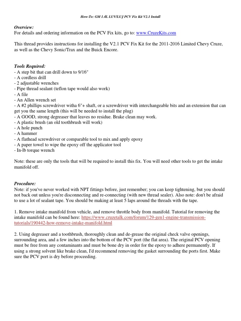 An Instructional Guide for Installing a PCV Fix Kit on GM 1.4L LUV/LUJ ...