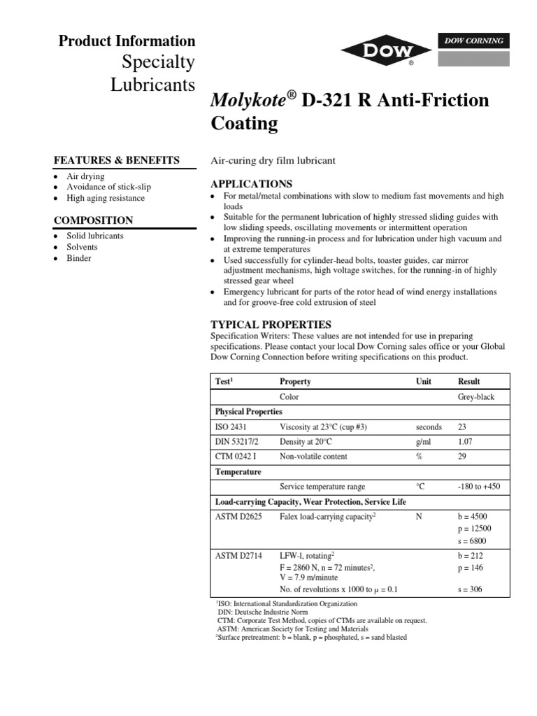 Molykote D-321R DowCorning Datasheet | Download Free PDF | Lubricant | Safety