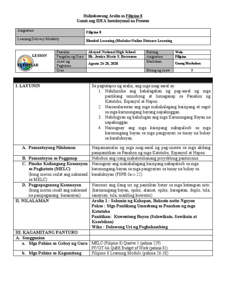 Lesson Exemplar Filipino 8 MELC 1