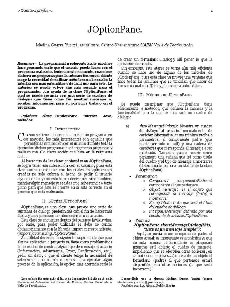 JOptionPane PDF | PDF | Objeto (informática) | Programa de computadora