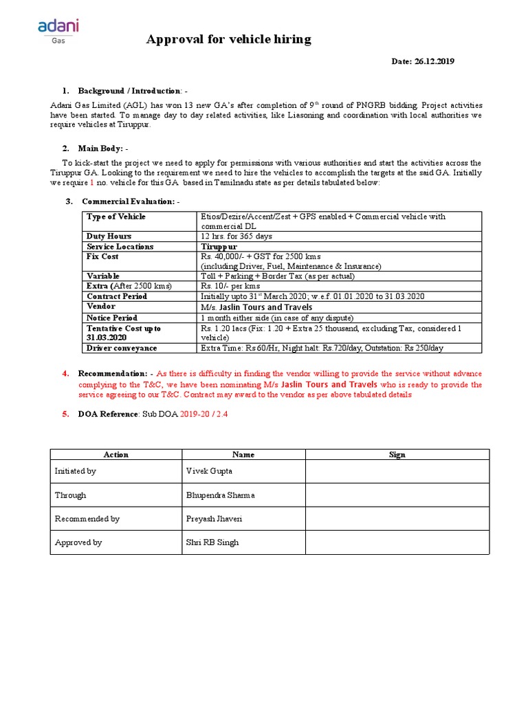 Note For Approval Format | PDF | Vehicles | Transport