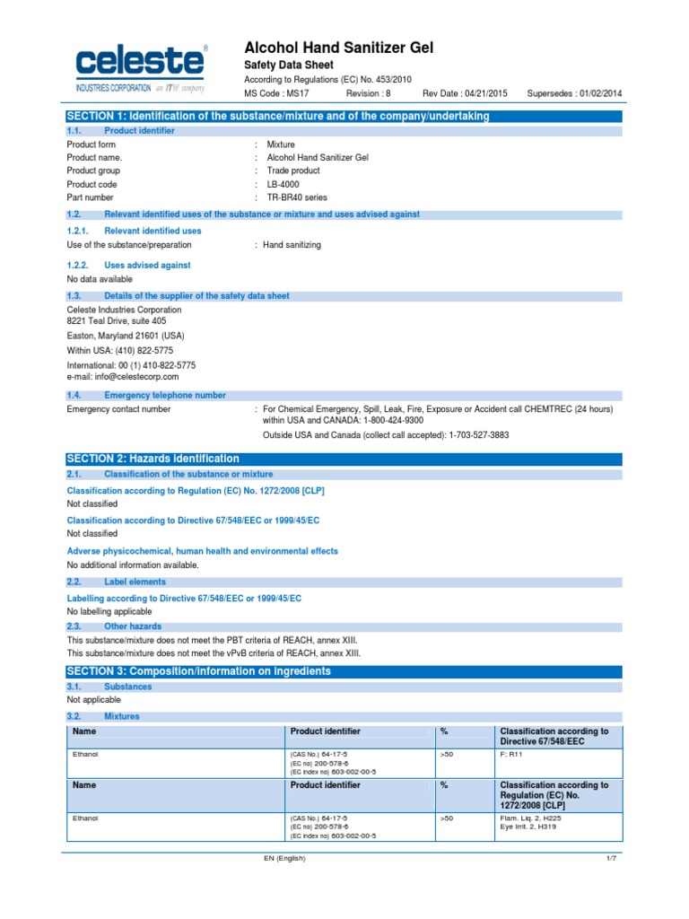 Alcohol Hand Sanitizer Gel: SECTION 1: Identification of The Substance ...