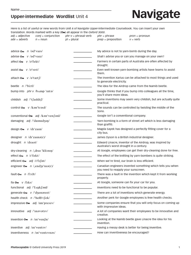 Navigate Upper-Intermediate Wordlist Unit 4 | PDF | Verb | Linguistic ...