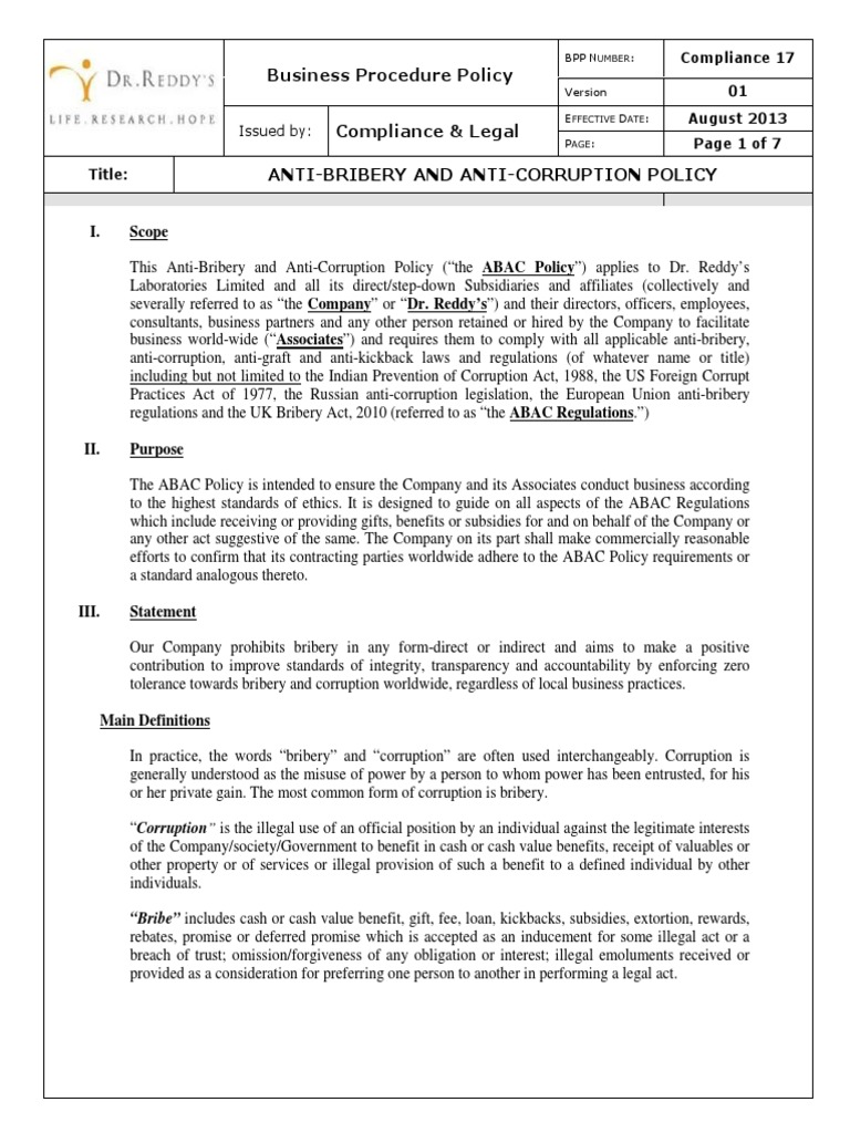 Anti-Bribery and Anti-Corruption Policy: Guiding Principles and ...