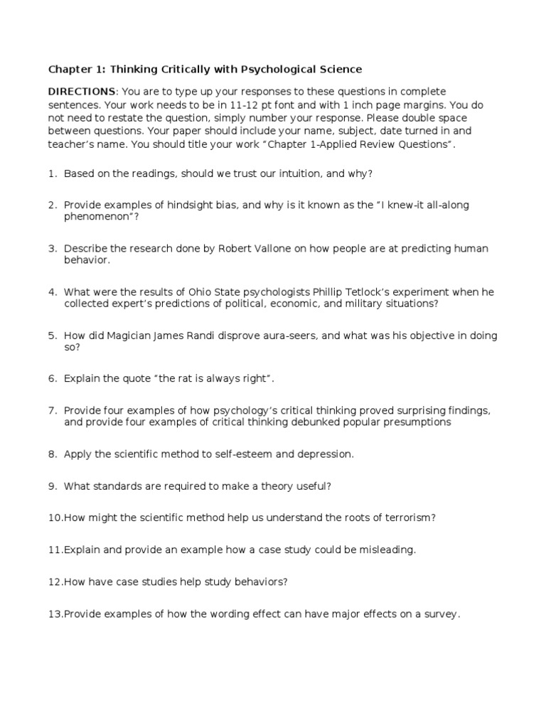 AP Psych - Chapter 1 Applied Review Questions | PDF | Experiment ...