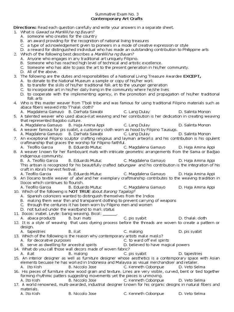 Summative Exam in Art Crafts | PDF | Pottery | Weaving