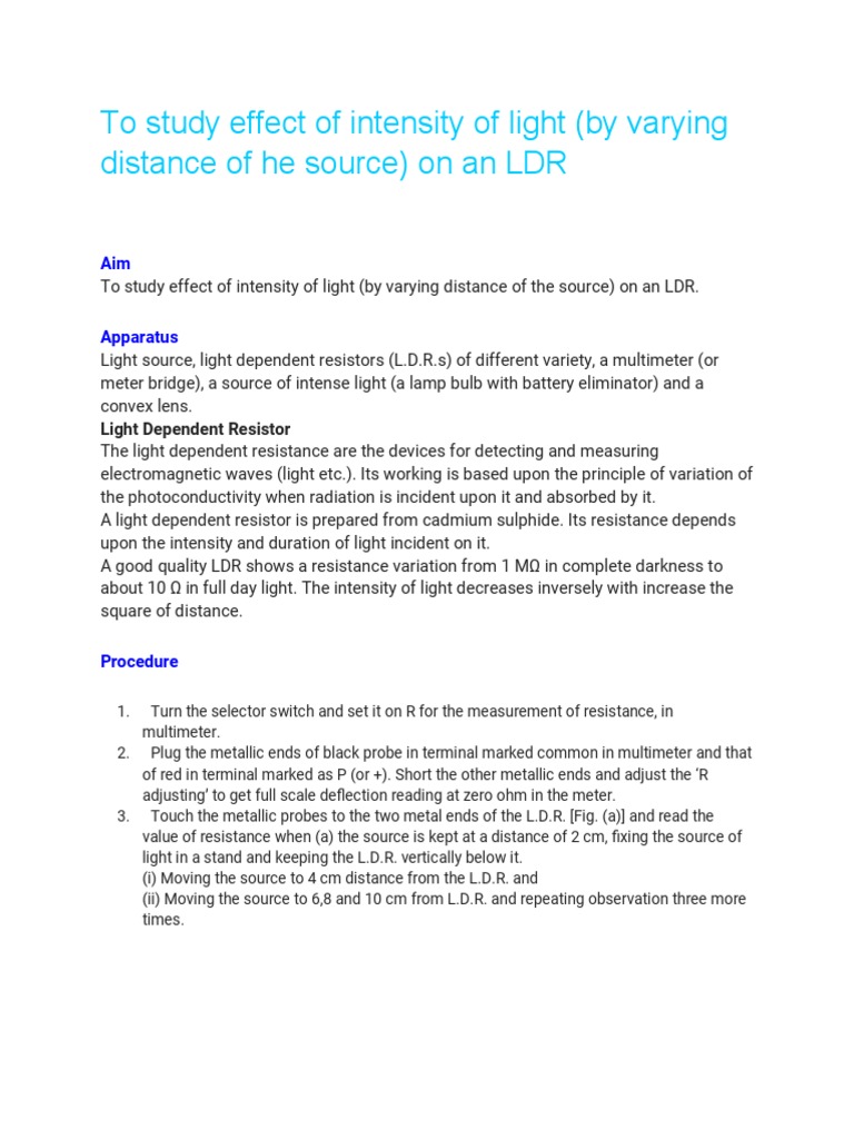 To Study Effect of Intensity of Light (By Varying Distance of He Source ...