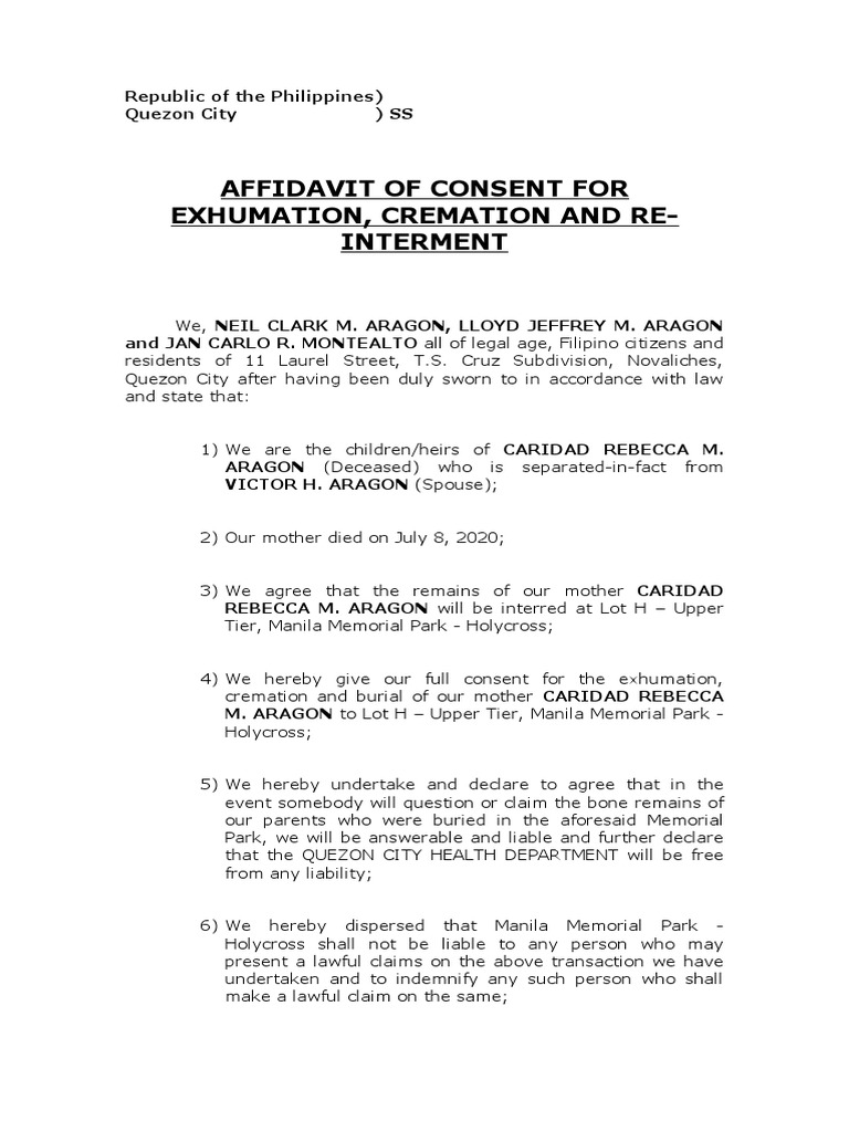 Exhumation and Burial Consent Affidavit | PDF | Affidavit | Burial