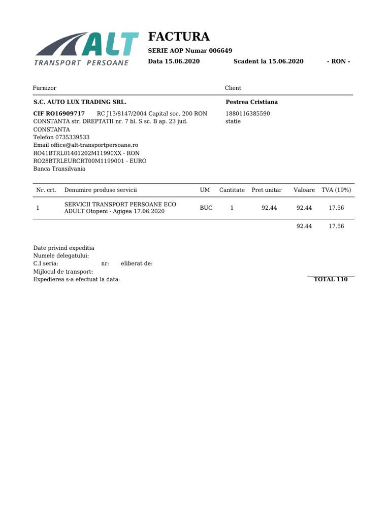 Factura pentru servicii de transport persoane | PDF