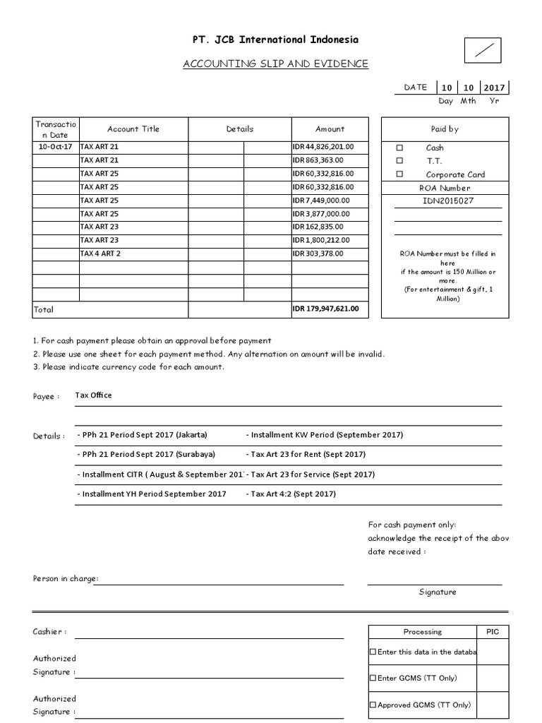 Accounting Slip and Evidence 10 10 2017: PT. JCB International ...