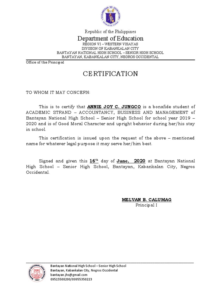 Certification: Department of Education | PDF