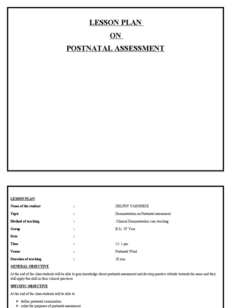 Postnatal Assessment Lesson Plan | PDF | Obstetrics | Childbirth