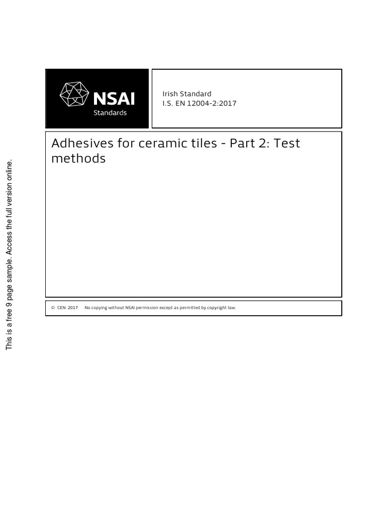 Adhesives For Ceramic Tiles - Part 2: Test Methods: Irish Standard I.S ...