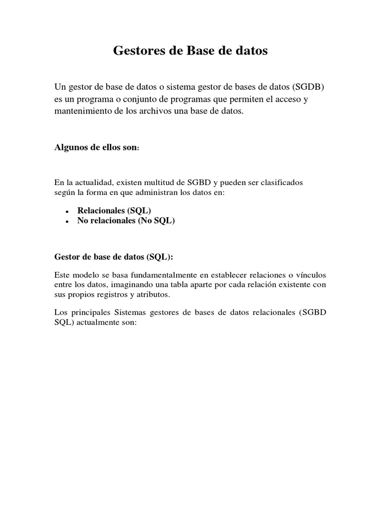 Principales Gestores de Bases de Datos | PDF | Mi sql | Bases de datos