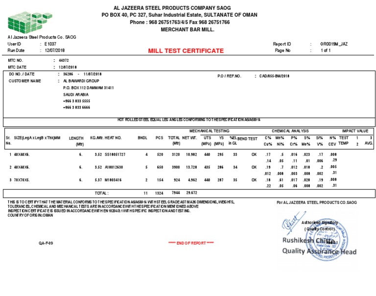 Mill Test Certificate: Run Date 12/07/2018 OR0019M - JAZ User ID E1037 ...