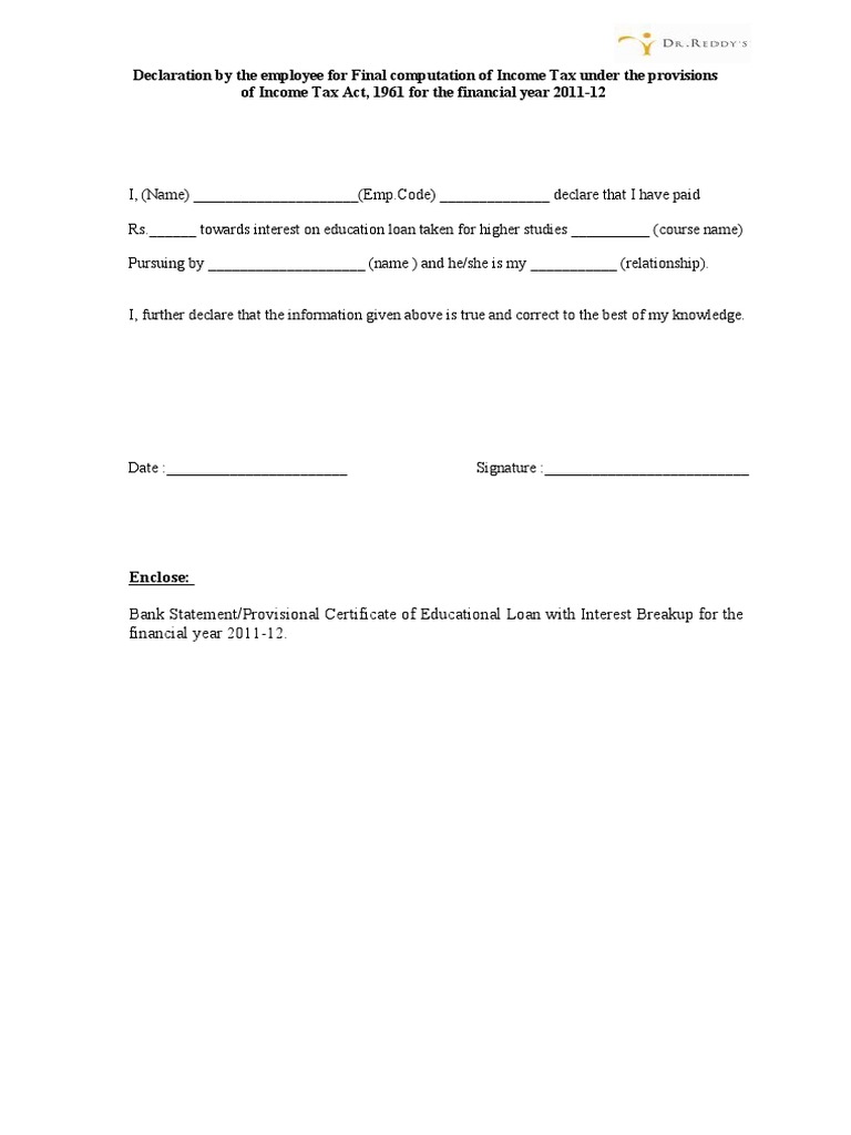 Declaration For Education Loan - 80E | PDF