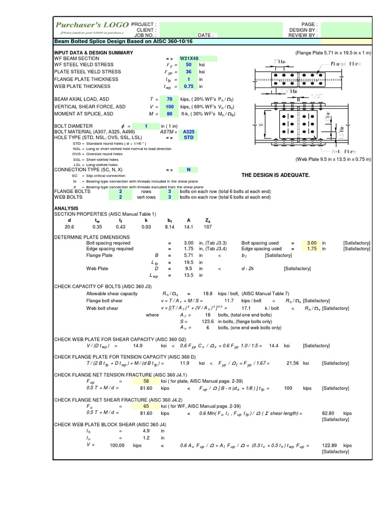 Beam Bolted Splice Design Based On AISC 360-10/16: Input Data & Design Summary | PDF | Screw ...