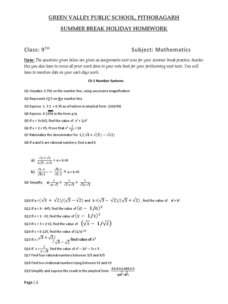 Holiday Homework Class 9TH (Mathematics) | PDF | Cartesian Coordinate ...