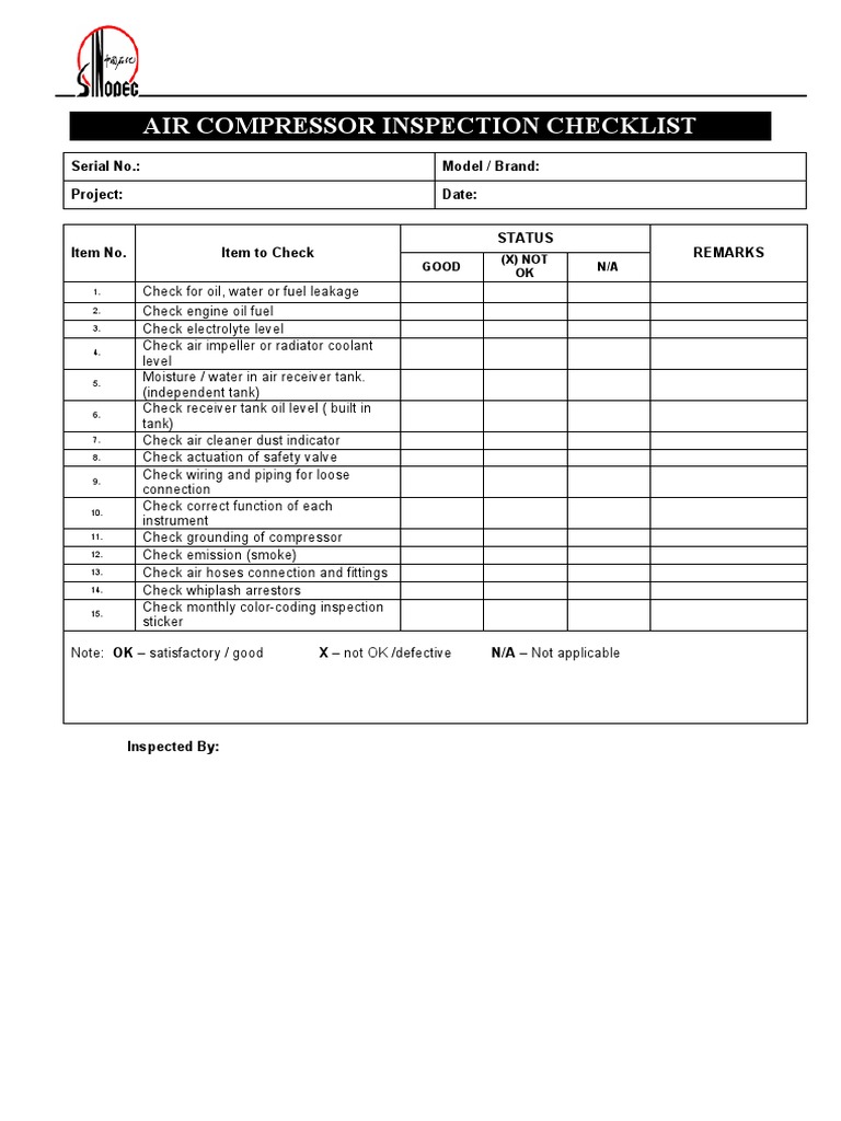 Air Comp. Inspection Checklist-Monthly | PDF