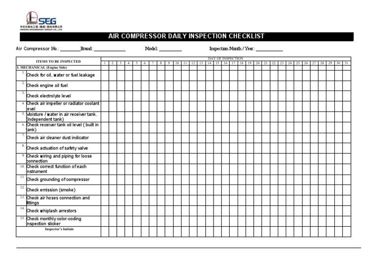 Air Compressor Inspection Checklist-Daily | PDF