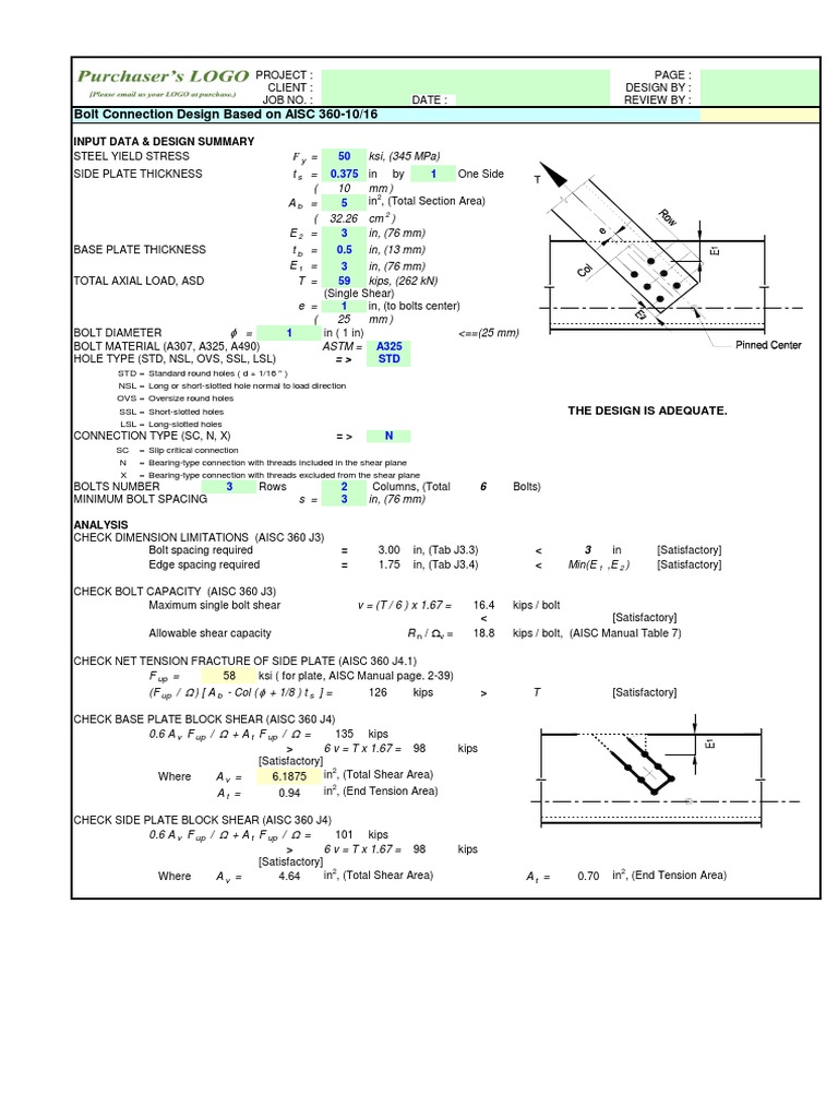 Bolt Connection Design Based On AISC 360-10/16: Input Data & Design Summary | PDF | Screw ...