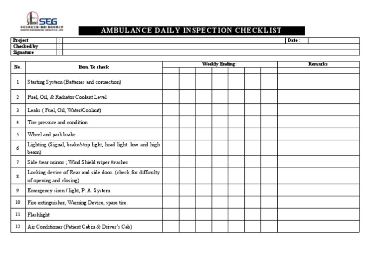 Ambulance Daily Inspection Checklist: Project: Date: Checked By: Signature: No. Item To Check ...