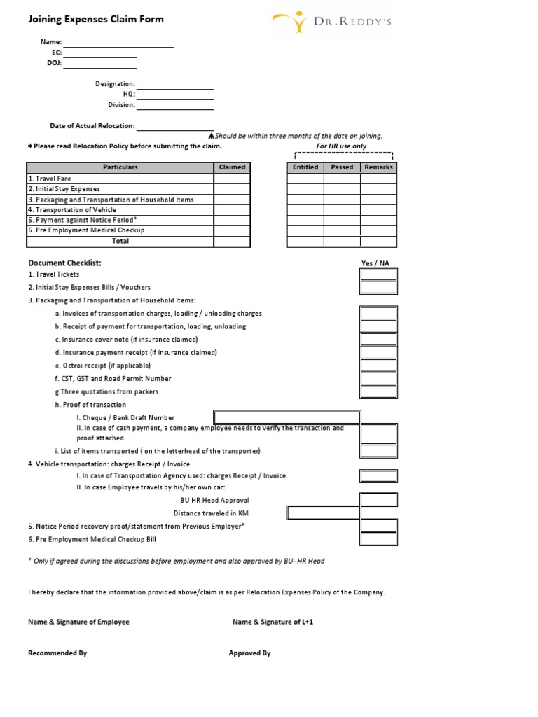 Joining Expenses Claim Form | PDF