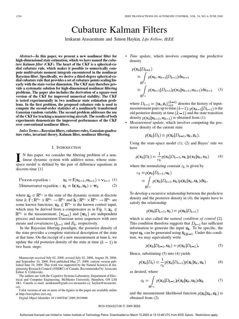 Cubature Kalman Filter Arasthanam | PDF | Kalman Filter | Integral