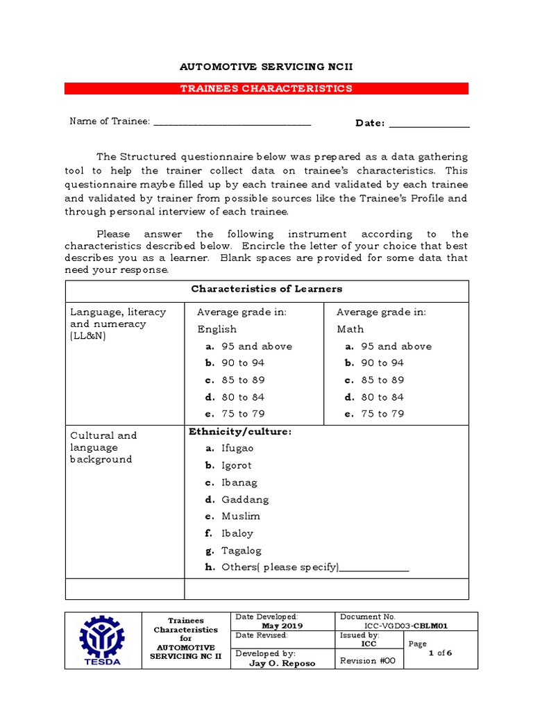 Trainees Characteristics: Name of Trainee | PDF | Learning Styles ...