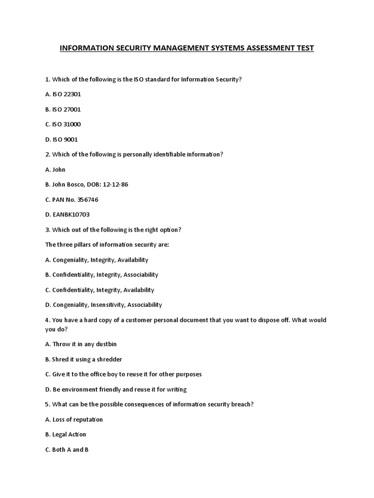ISMS Assessment Test Questions | PDF | Computers