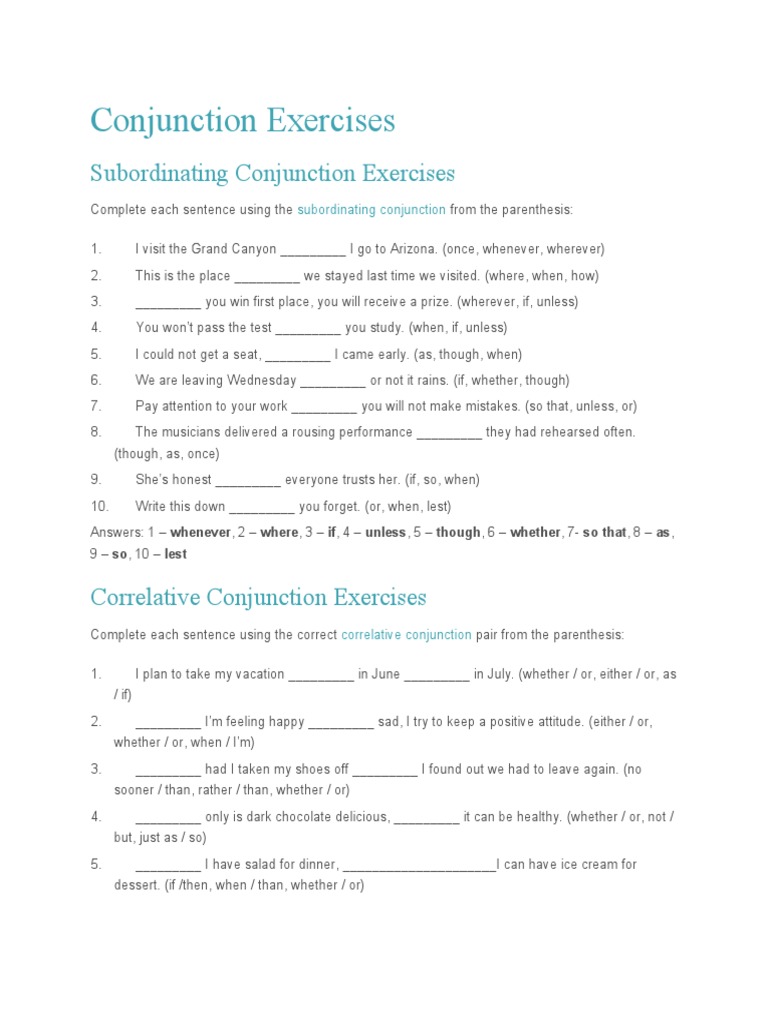 Subordinating Conjunction Exercises | PDF