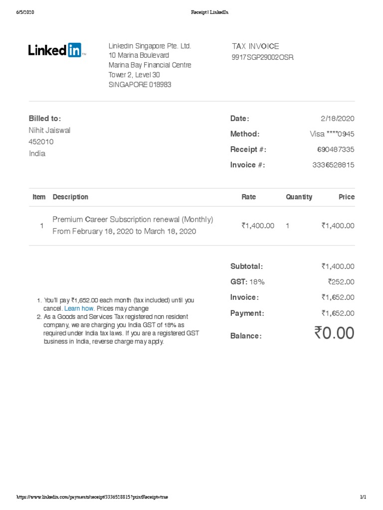 Receipt - LinkedIn Feb | Download Free PDF | Receipt | Invoice