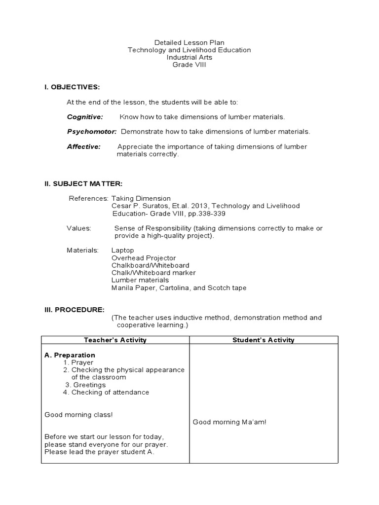Detailed Lesson Plan in TLE 8 | PDF | Lumber | Length