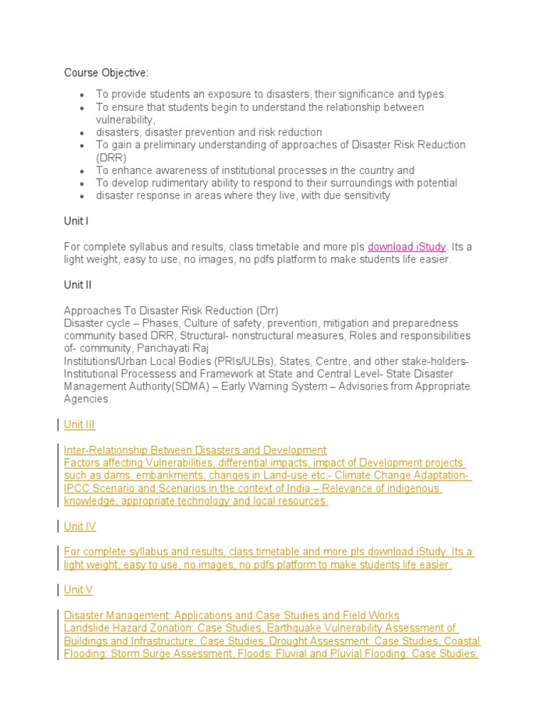 Course Objective:: Download Istudy | PDF | Disaster Risk Reduction ...