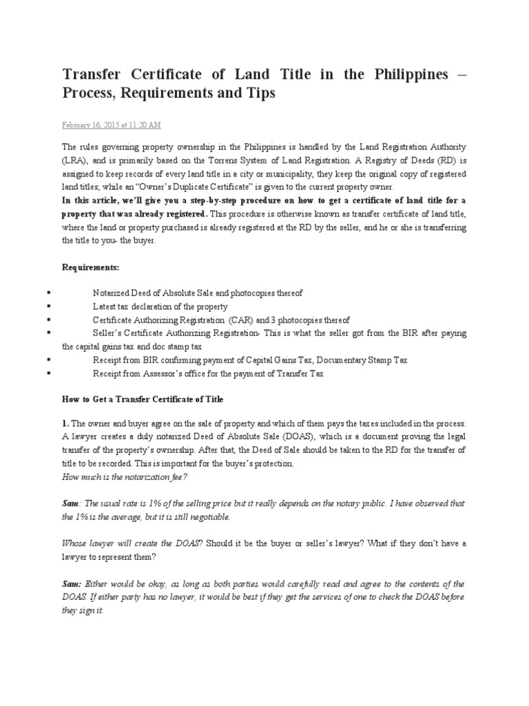 Transfer Certificate of Title Guide Philippines | PDF | Taxes | Deed