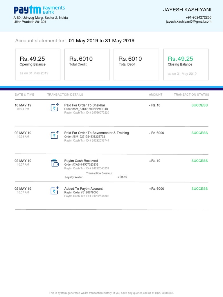 Paytm Statement Jun2019 9824272268 | PDF