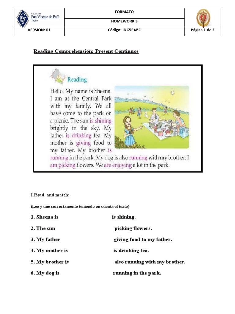 Present Continuous Tense: A Reading Comprehension Exercise | PDF