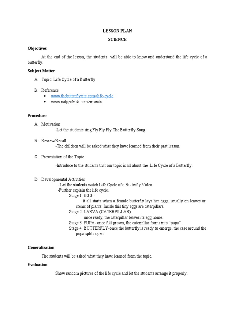 LESSON PLAN Life Cycle of A Butterfly FOR KIDS | PDF