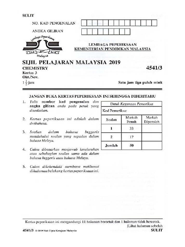 Kimia SPM Sebenar 2019 Kertas 3 | PDF