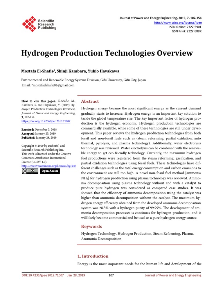 Hydrogen Production Technologies Overview PDF | PDF | Gasification | Fuels