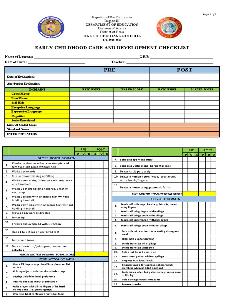 Early Childhood Development Checklist for Baler Central School | PDF ...