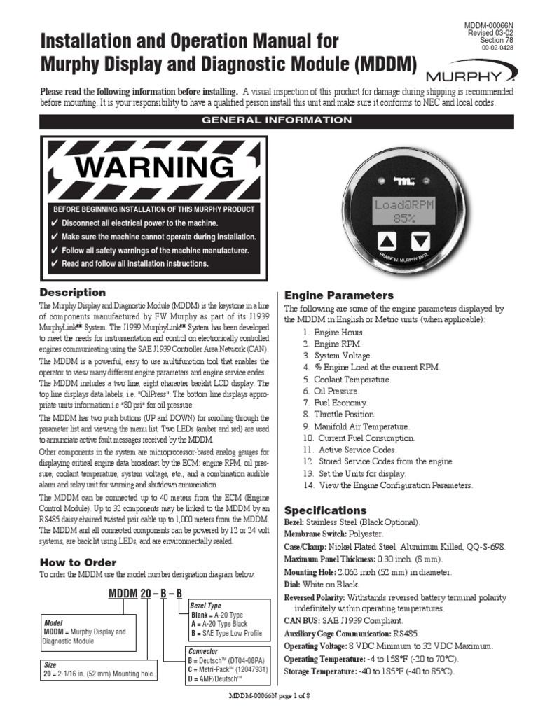 Warning: Installation and Operation Manual For Murphy Display and ...