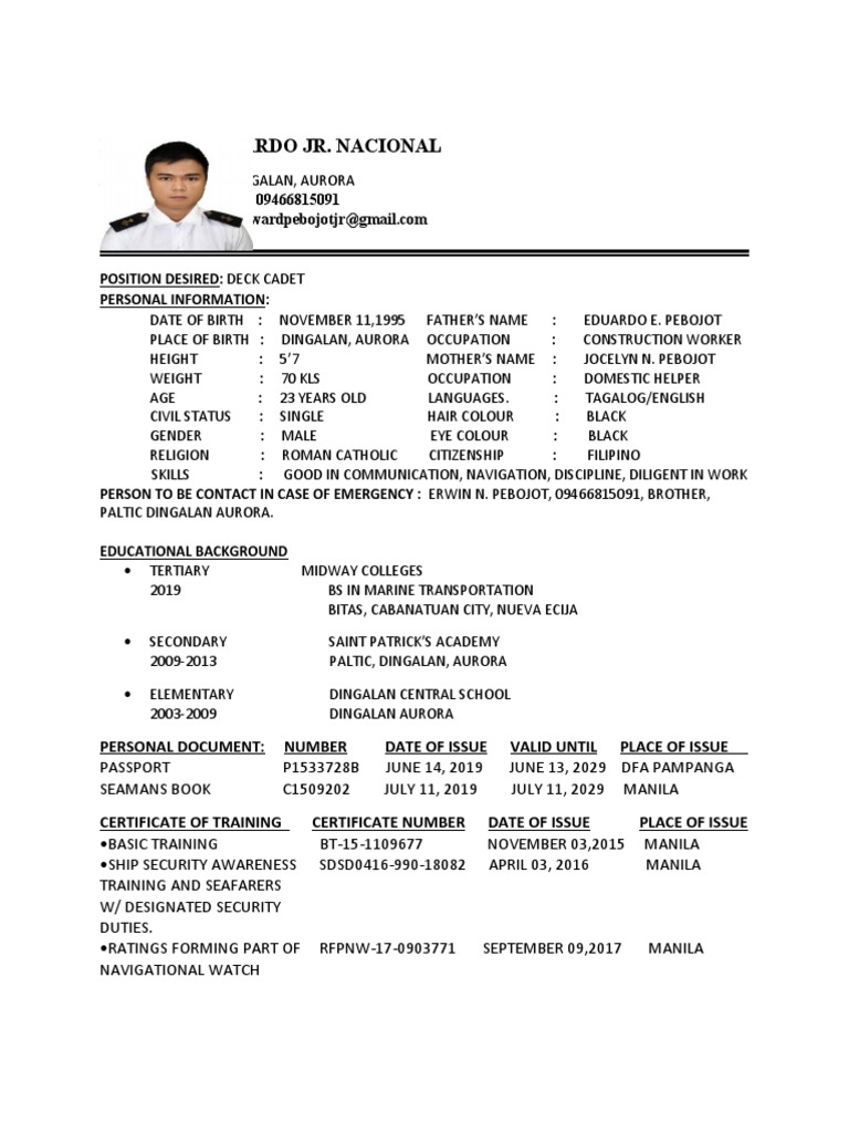 Deck Cadet Eduardo Pebojot Jr Resume | PDF